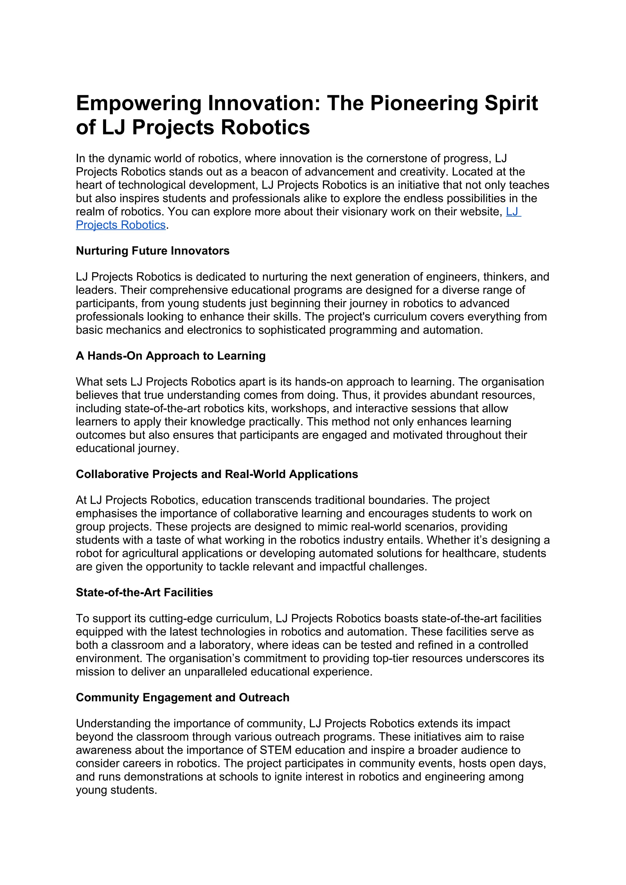 Empowering Innovation: The Pioneering Spirit of LJ Projects Robotics | DOCX