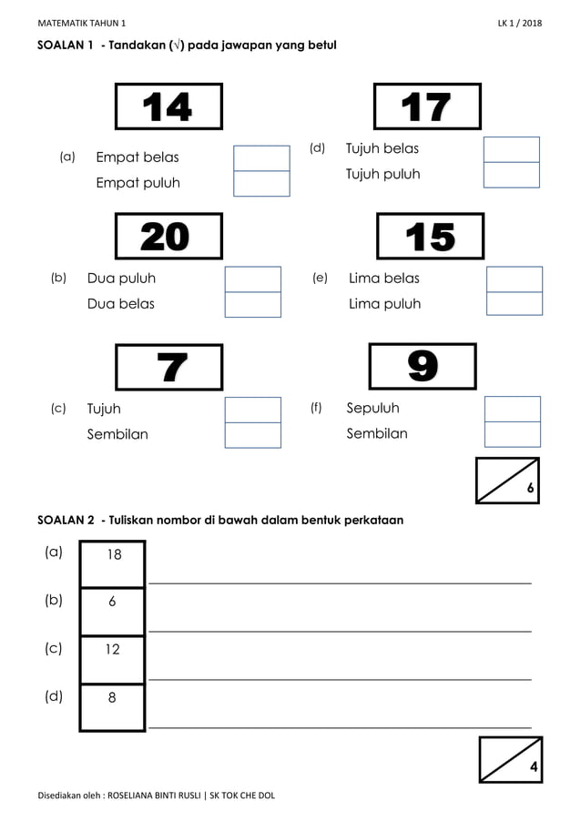 UJIAN 1 MATEMATIK TAHUN 1 2018 | PDF