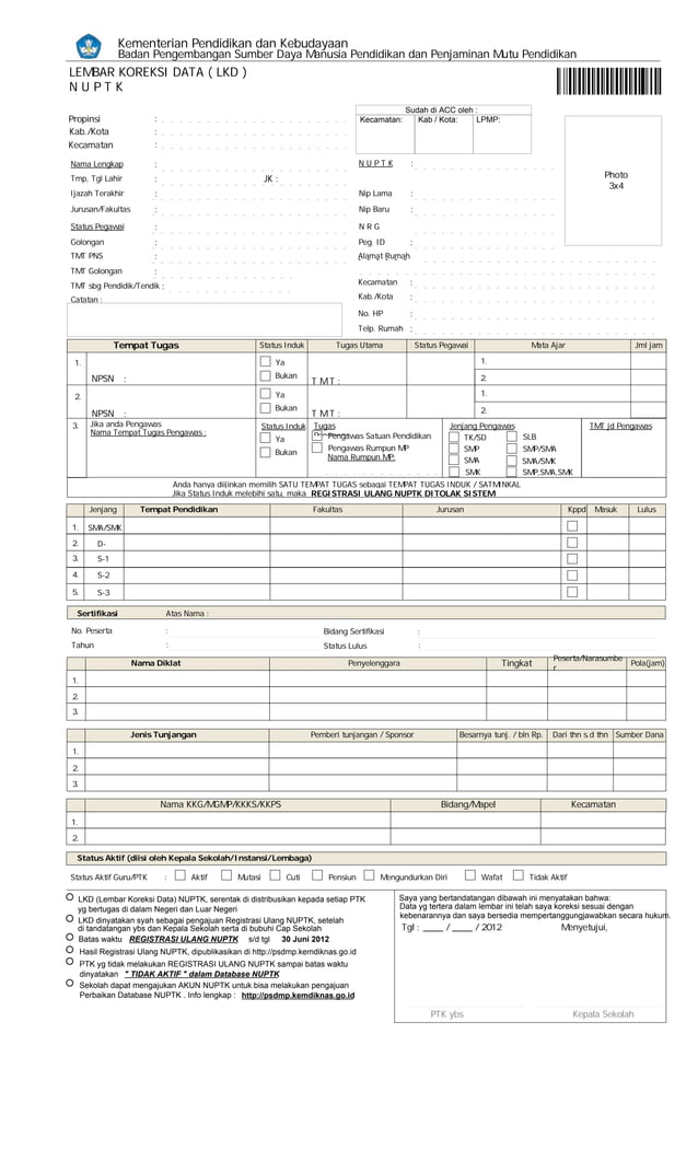 Lkd (Lembar Koreksi Data Pemutakhiran NUPTK) | PDF