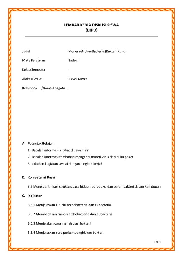 LKDS-Lembar Kerja Diskusi Siswa-Monera-ArchaeBacteria-Biologi-Kelas X SMAN 2 Kota Bengkulu-Refi ...