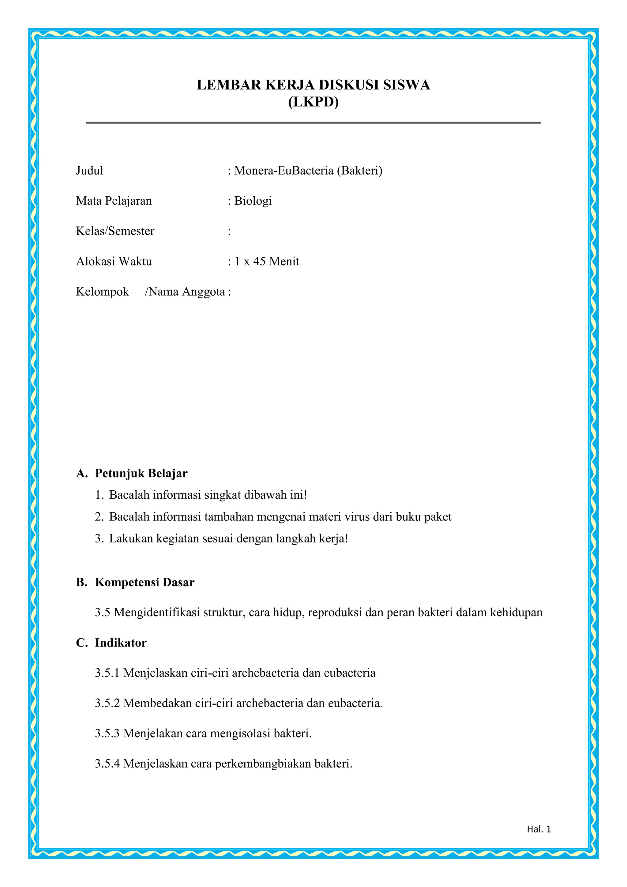 LKDS-Lembar Kerja Diskusi Siswa-Monera-EuBacteria-Biologi-Kelas X SMAN 2 Kota Bengkulu-Refi ...