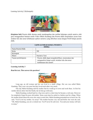 lembar kerja narrative text untuk SMA kelas XI | PDF