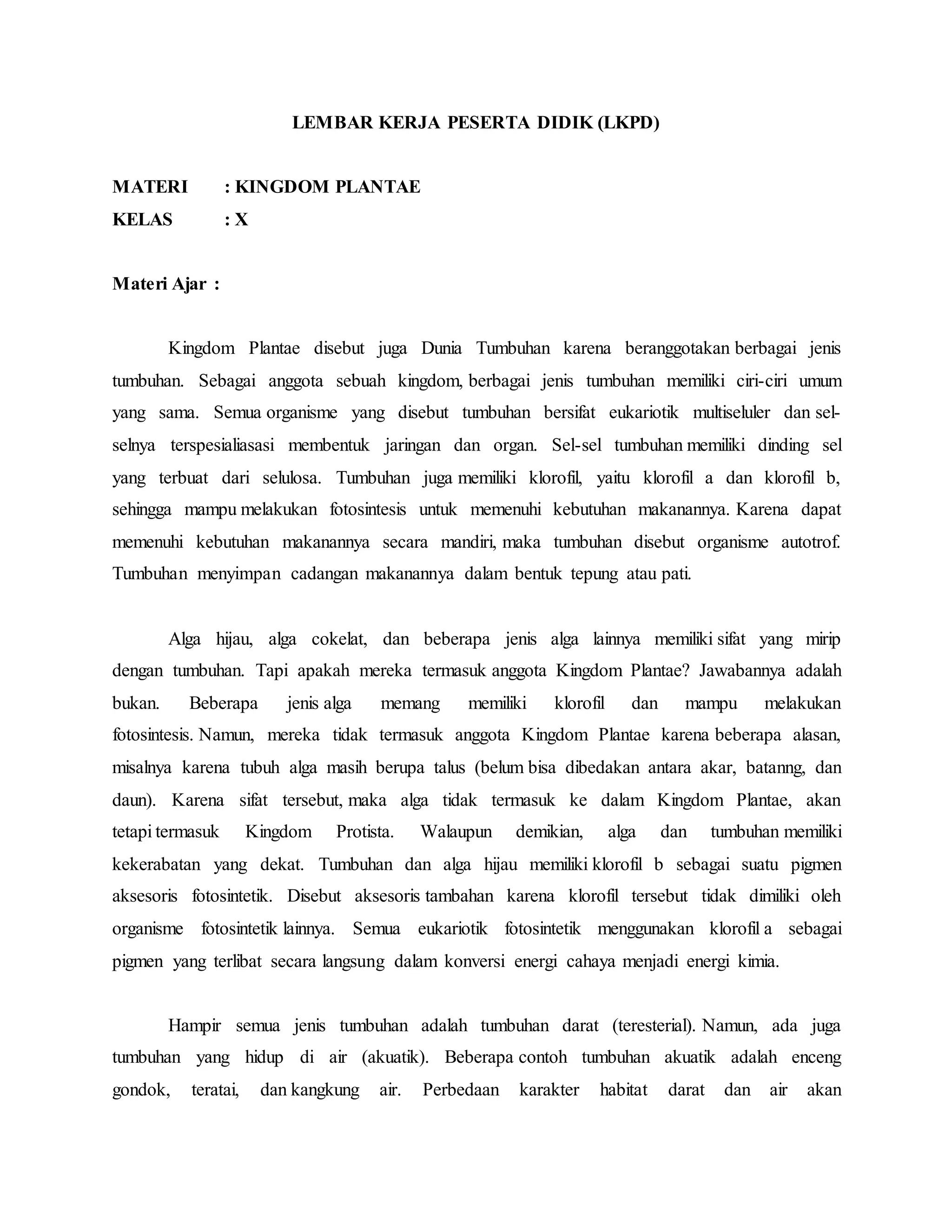 LKPD Materi Plantae Kurikulum 2013 | DOCX