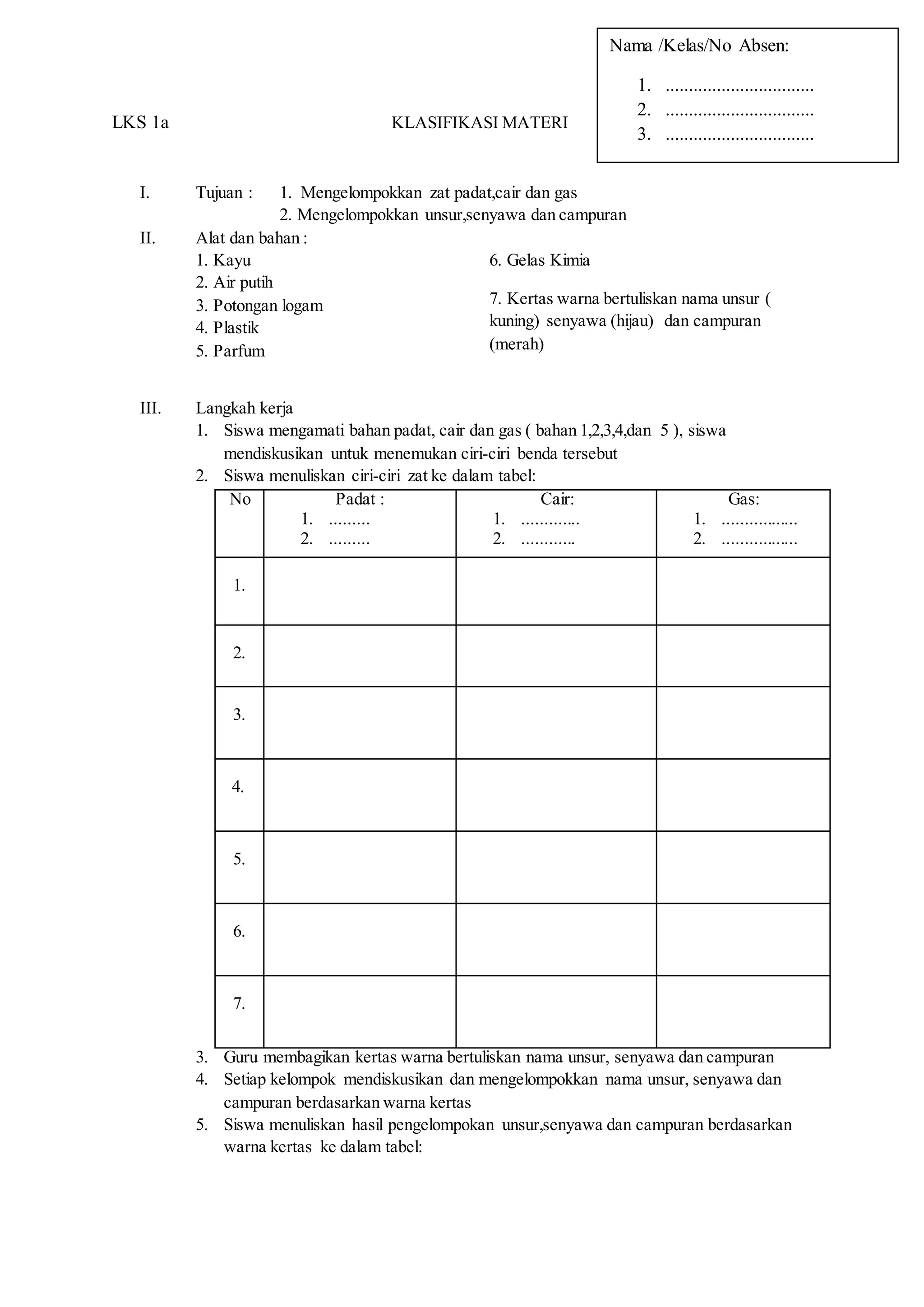 Lks 1a klasifikasi materi | DOCX