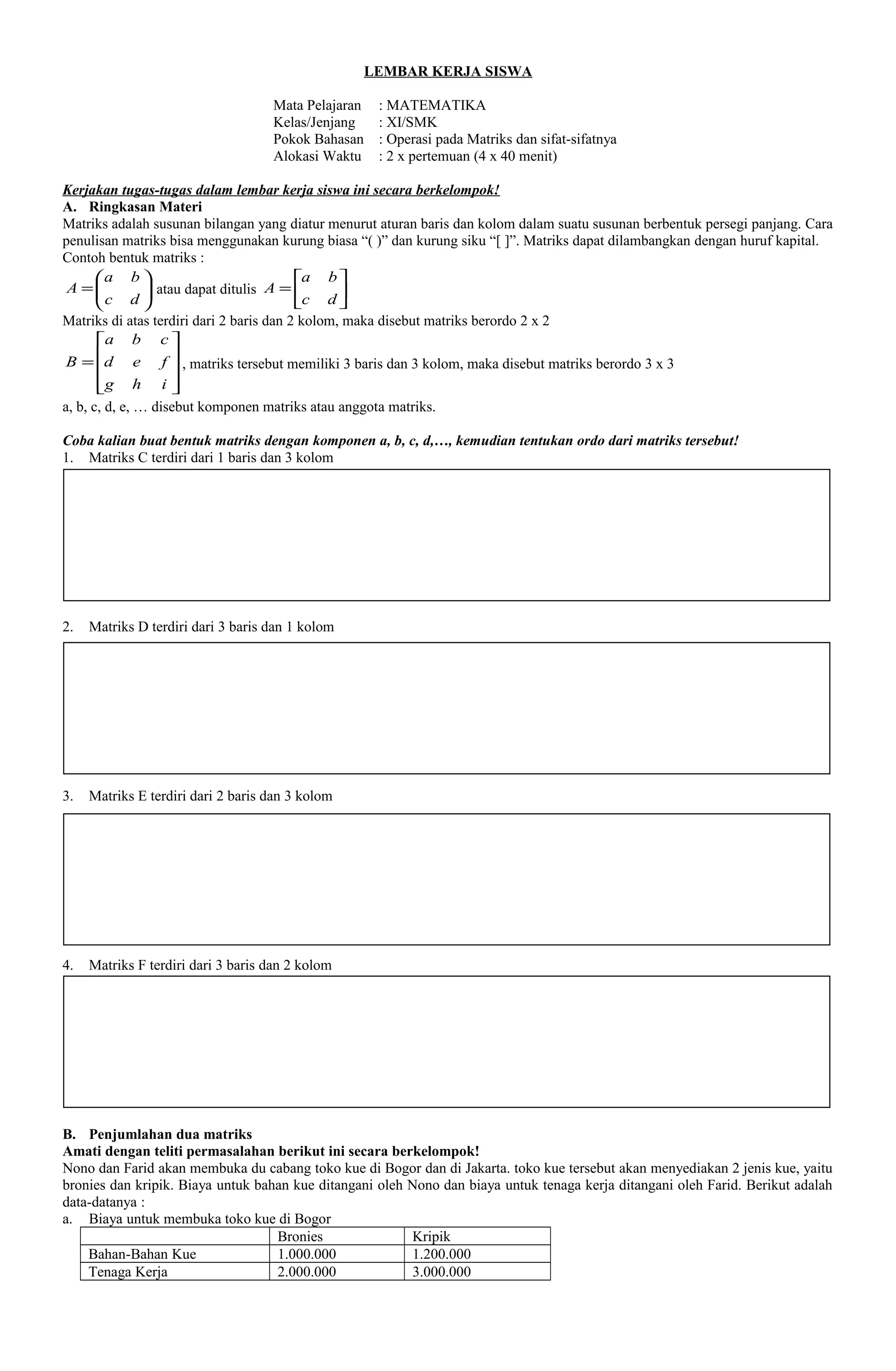 Lks penjumlahan matriks | DOC