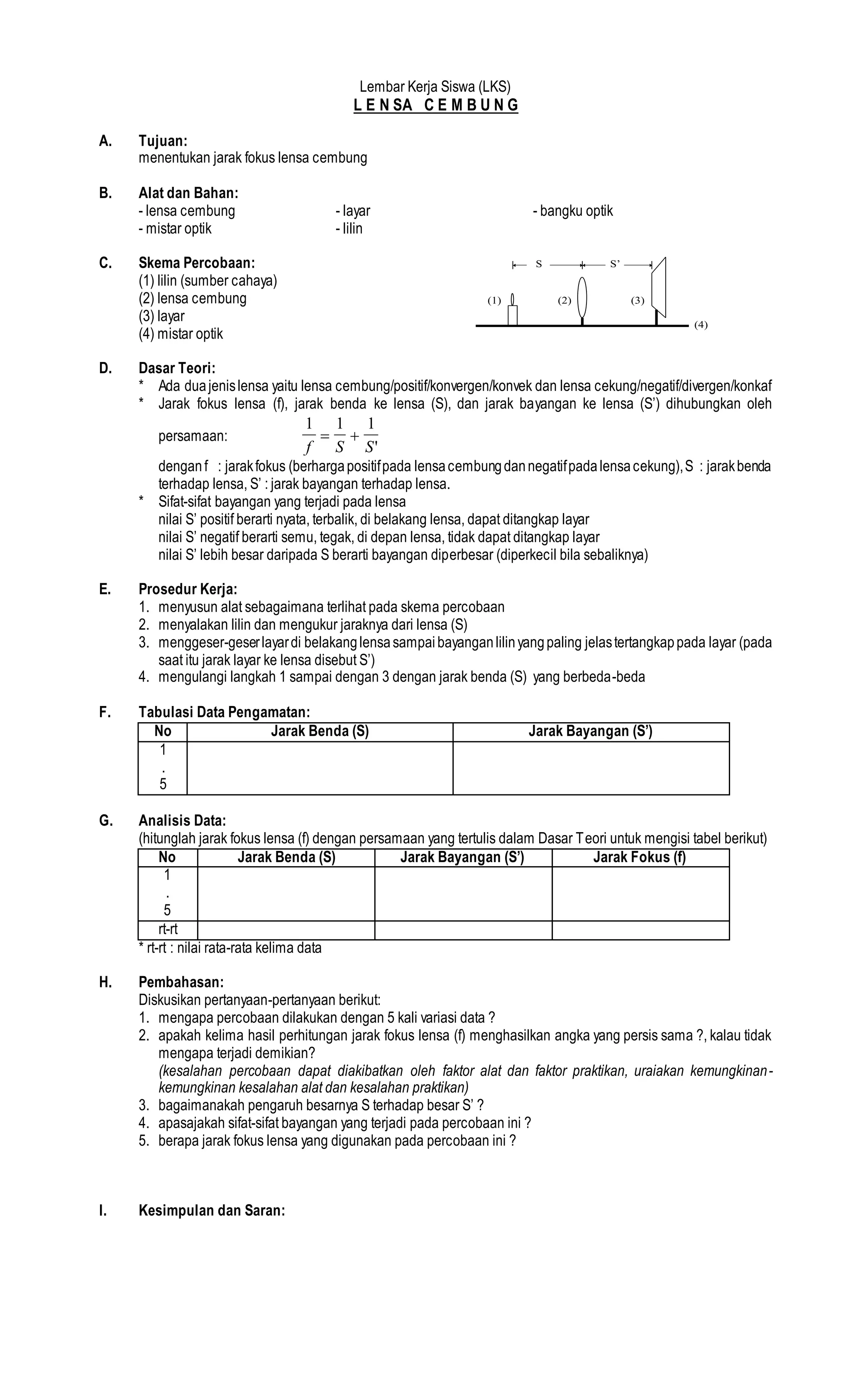LKS Fisika : Praktikum Lensa Cembung | DOCX