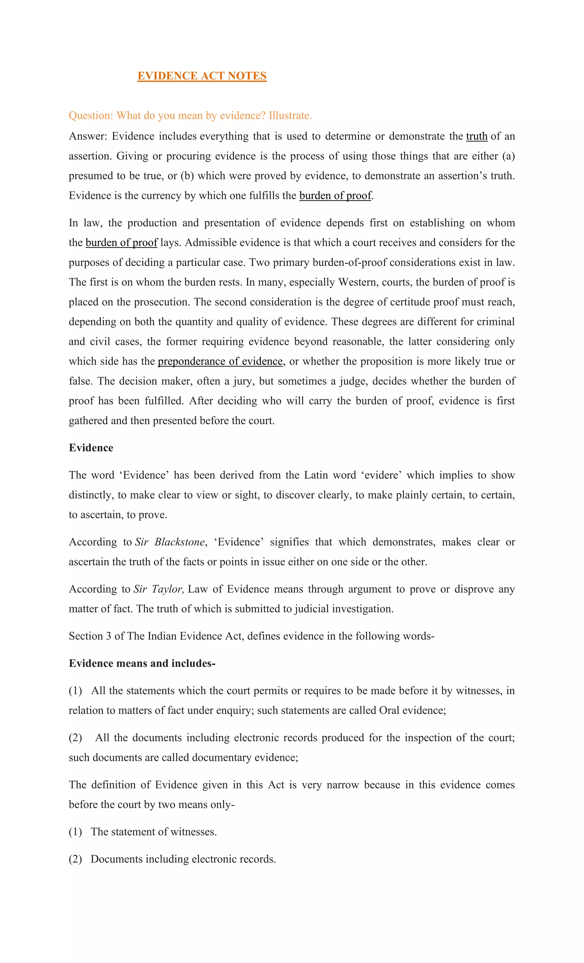 LLB LAW NOTES ON LAW OF EVIDENCE | PDF