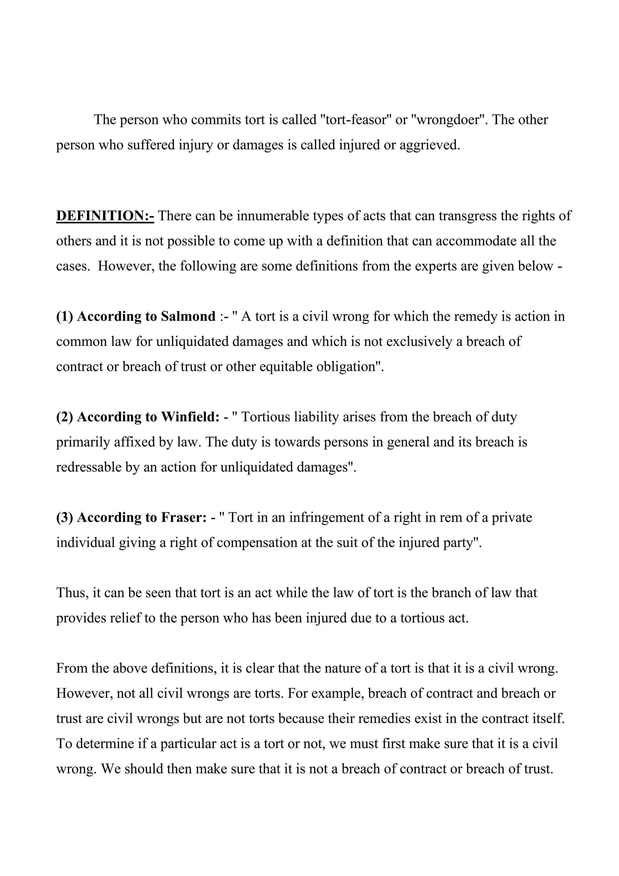 LLB LAW NOTES ON LAW OF TORTS | PDF