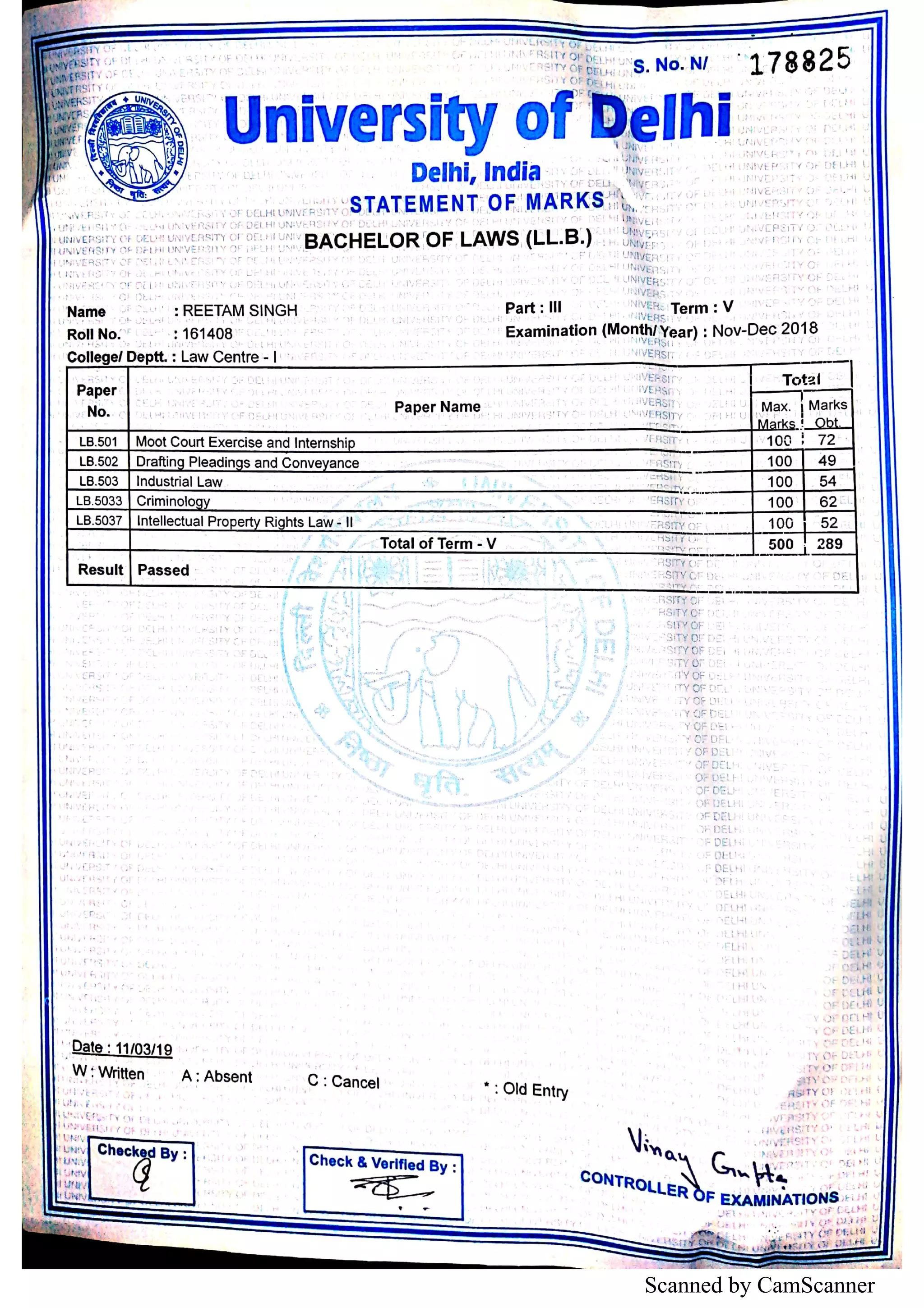 Llb marksheet 1,2,3,4,5 semester and Subjects studied | PDF