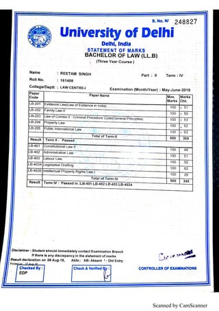 Llb marksheet 1,2,3,4,5 semester and Subjects studied | PDF