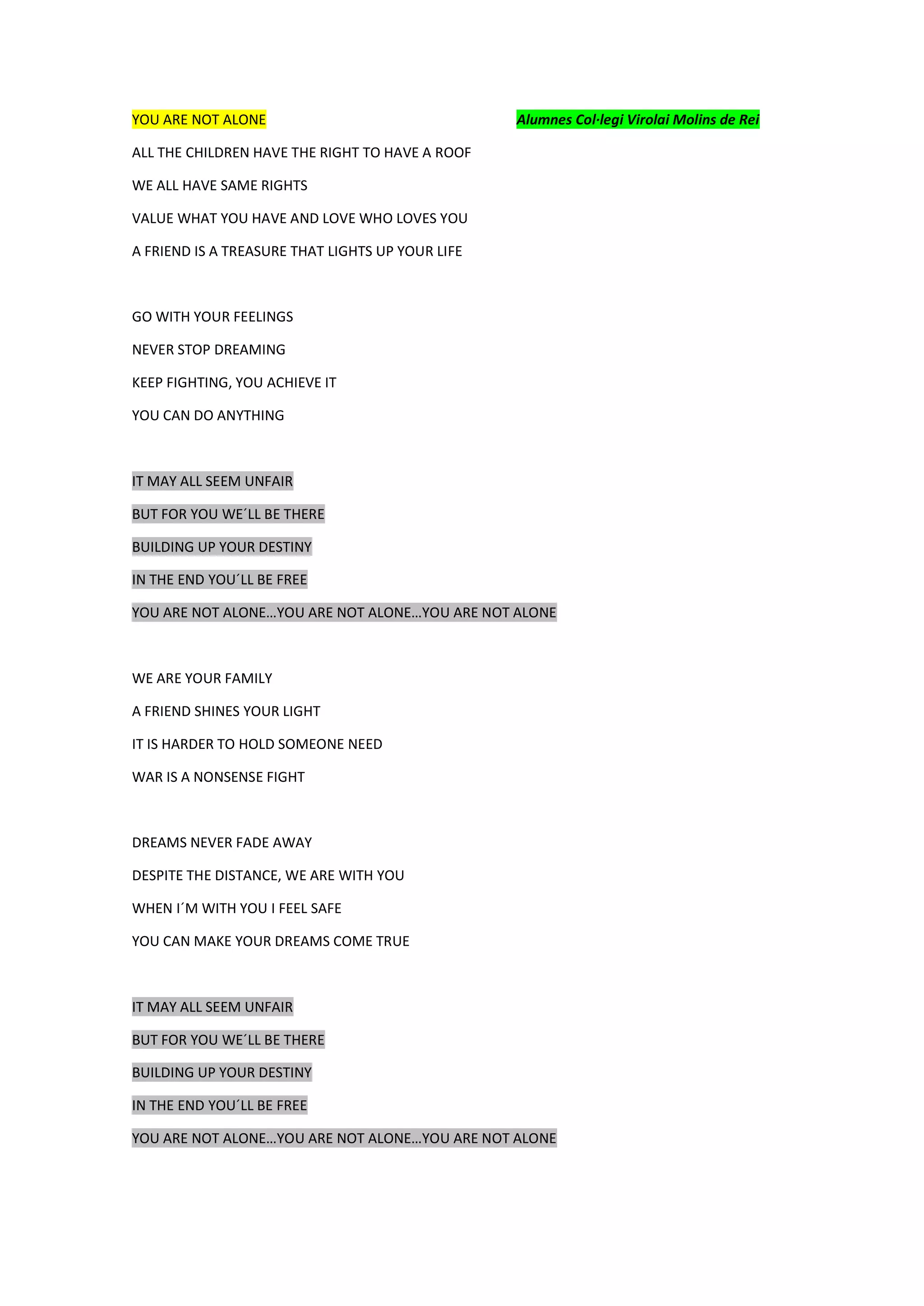 Lletra cançó alumnes virolai molins de rei you are not alone | PDF