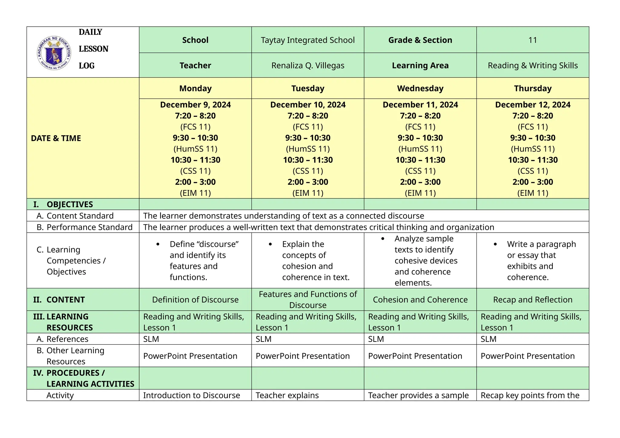 daily log lesson plan on 21st century from the Philippines to the world ...