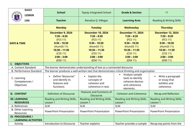 daily log lesson plan on 21st century from the Philippines to the world ...