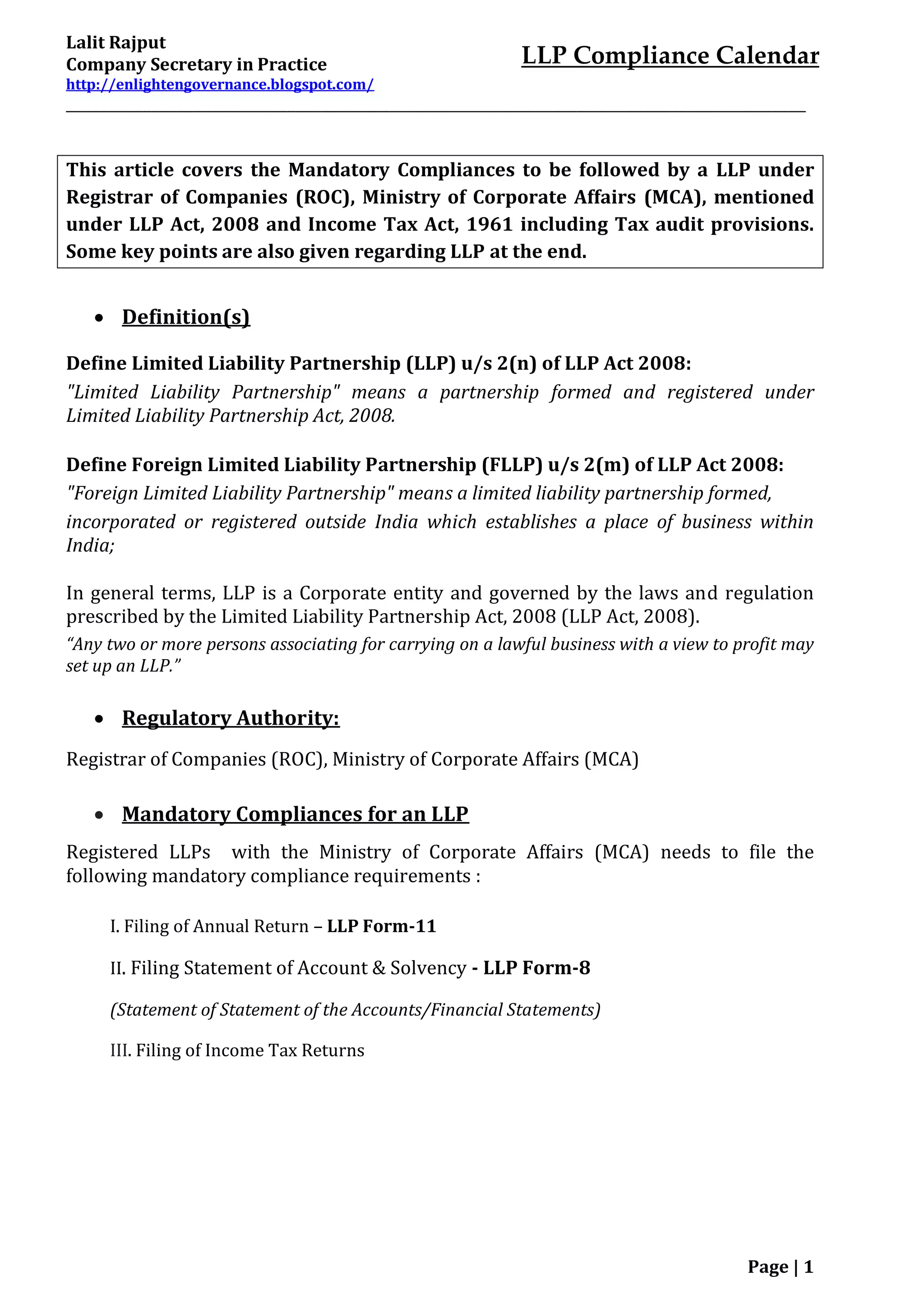LLP Compliance Calendar by PCS Lalit Rajput | PDF