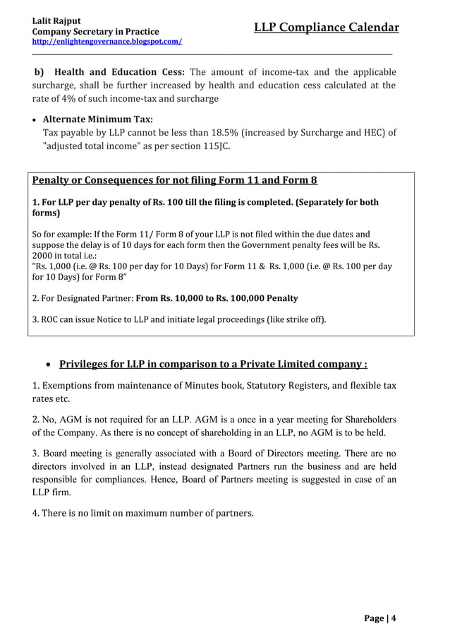 LLP Compliance Calendar by PCS Lalit Rajput | PDF