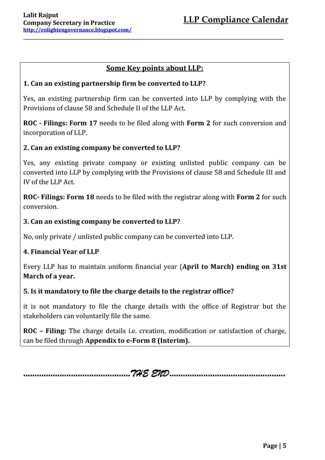 LLP Compliance Calendar by PCS Lalit Rajput | PDF