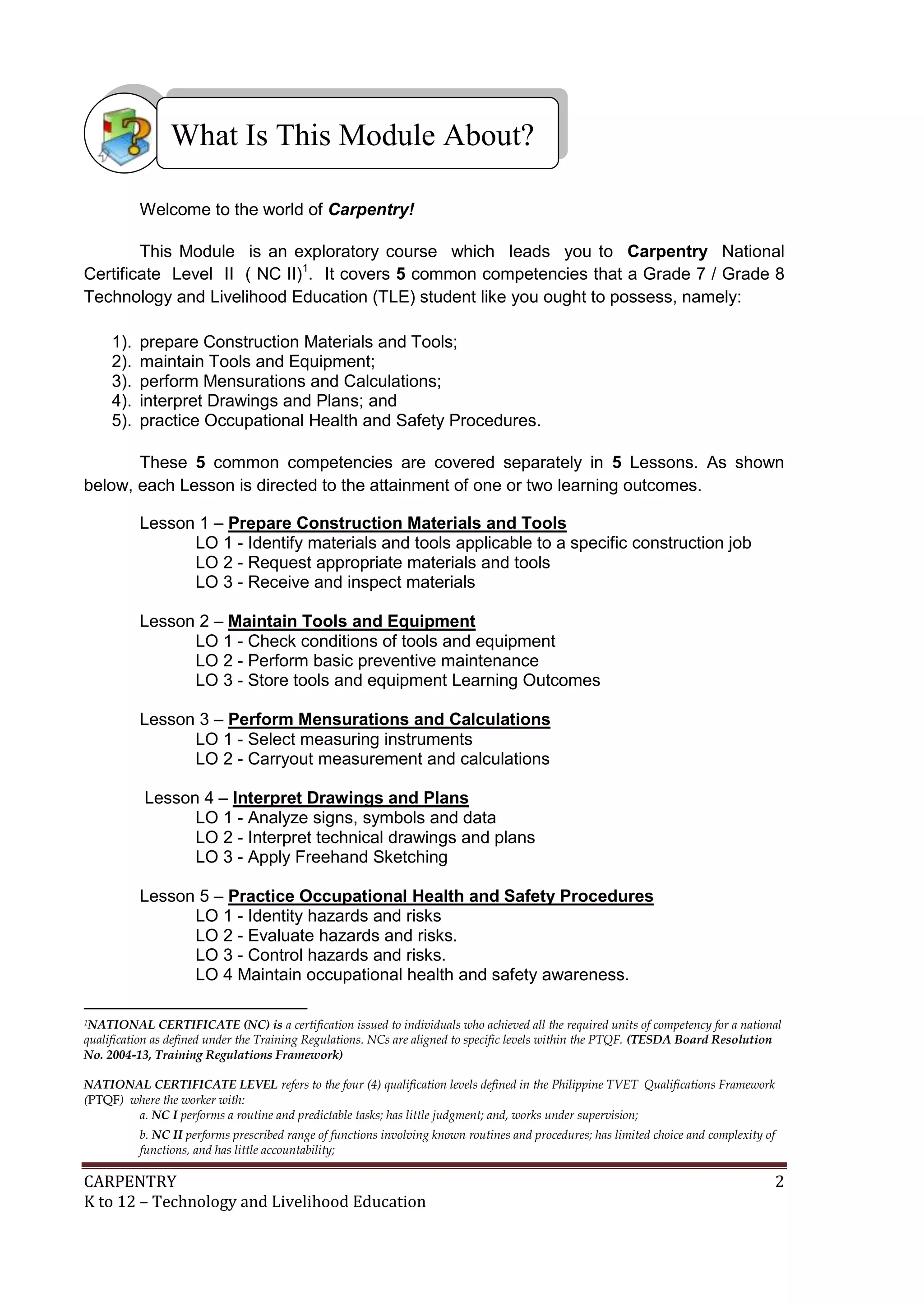 Carpentry Learning Module Grade 7 and Grade 8 Explanatory Course | PDF
