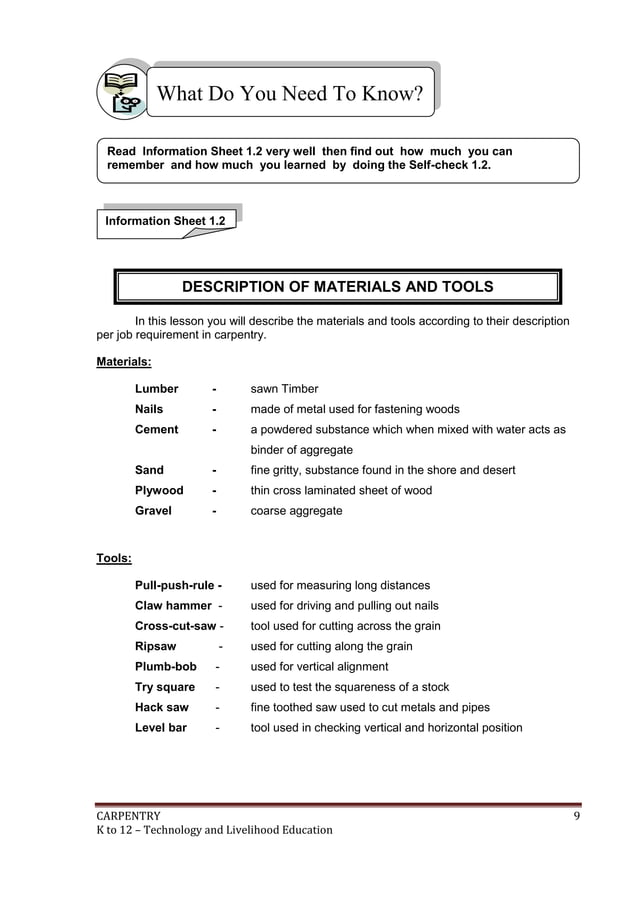 Carpentry Learning Module Grade 7 and Grade 8 Explanatory Course | PDF