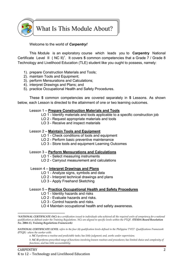 Carpentry Learning Module Grade 7 and Grade 8 Explanatory Course | PDF