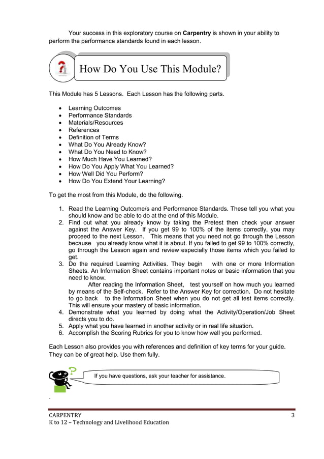 Carpentry Learning Module Grade 7 and Grade 8 Explanatory Course | PDF