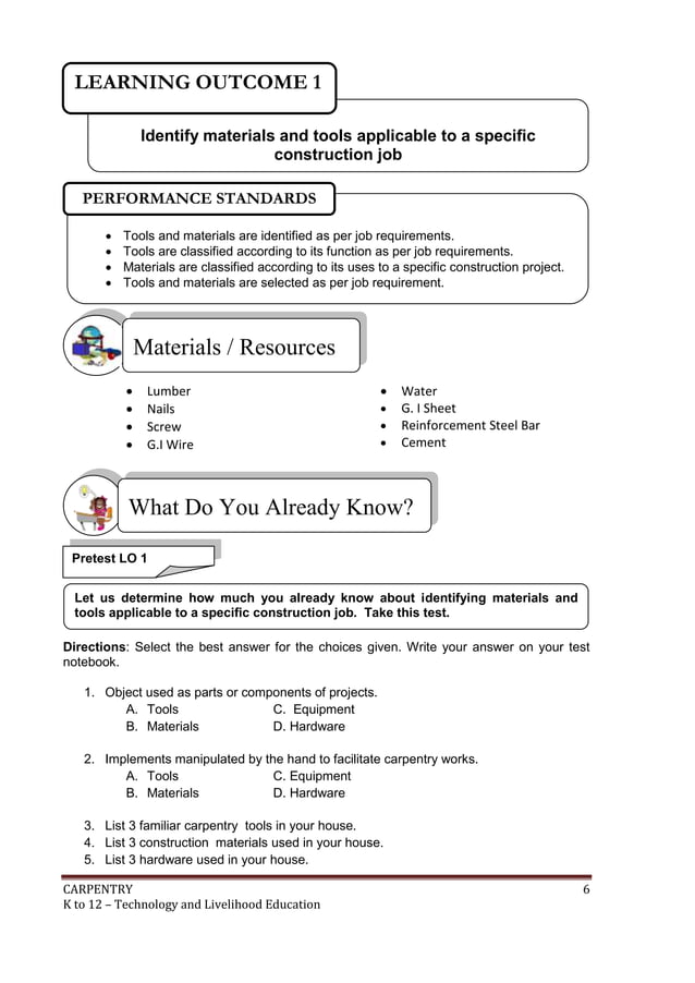 Carpentry Learning Module Grade 7 and Grade 8 Explanatory Course | PDF