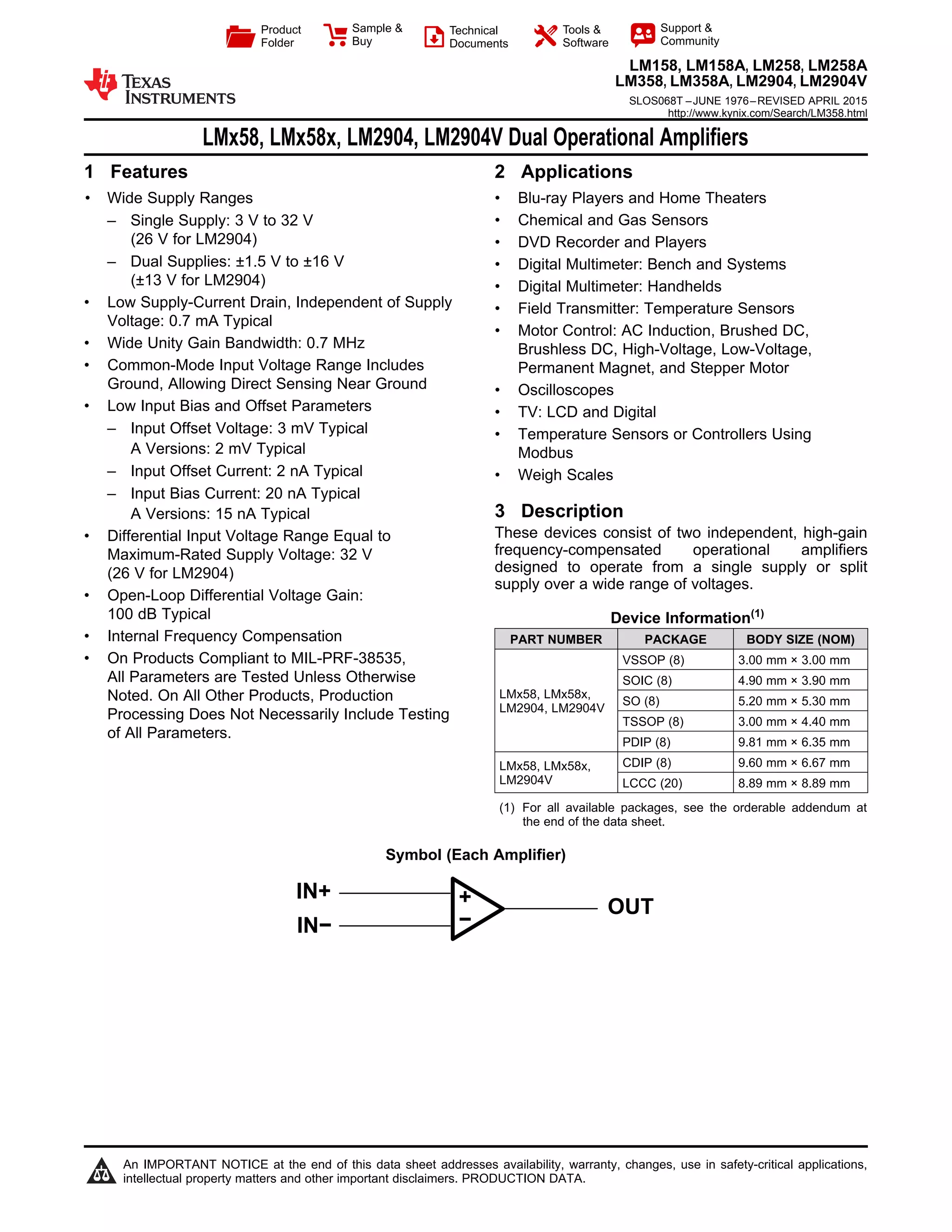 LM358 dual operational amplifier | PDF