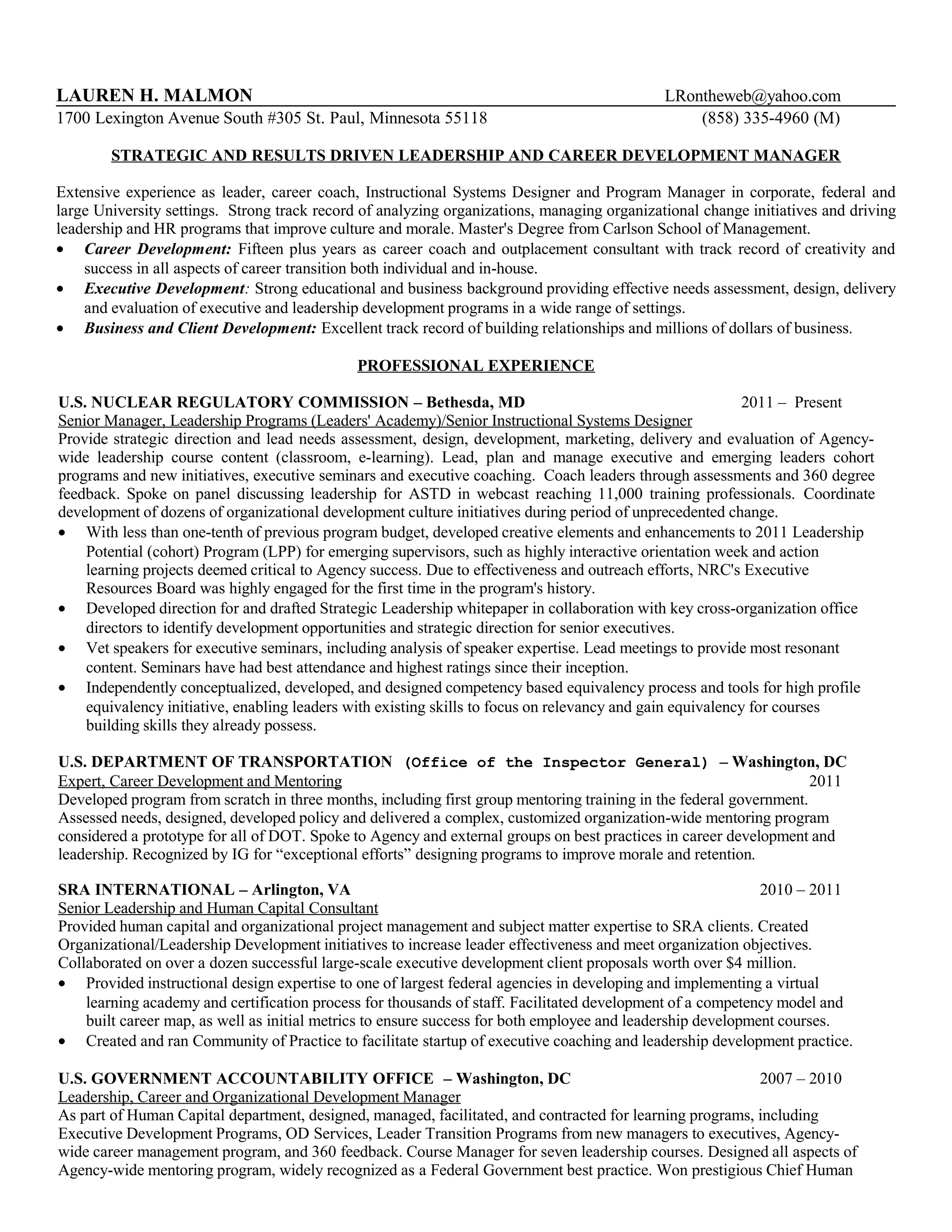L malmon resume 2013 2 p career dev 3 | PDF