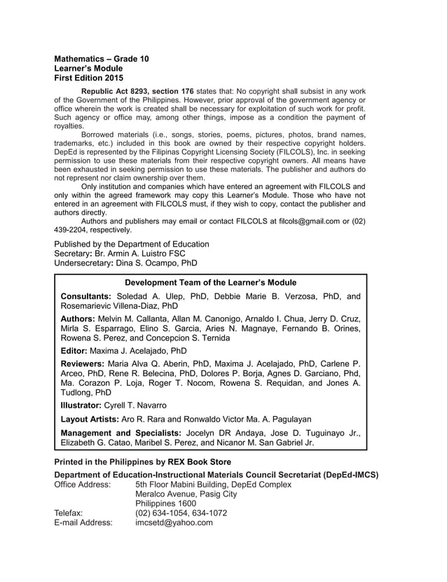 MATH GRADE 10 LEARNER'S MODULE