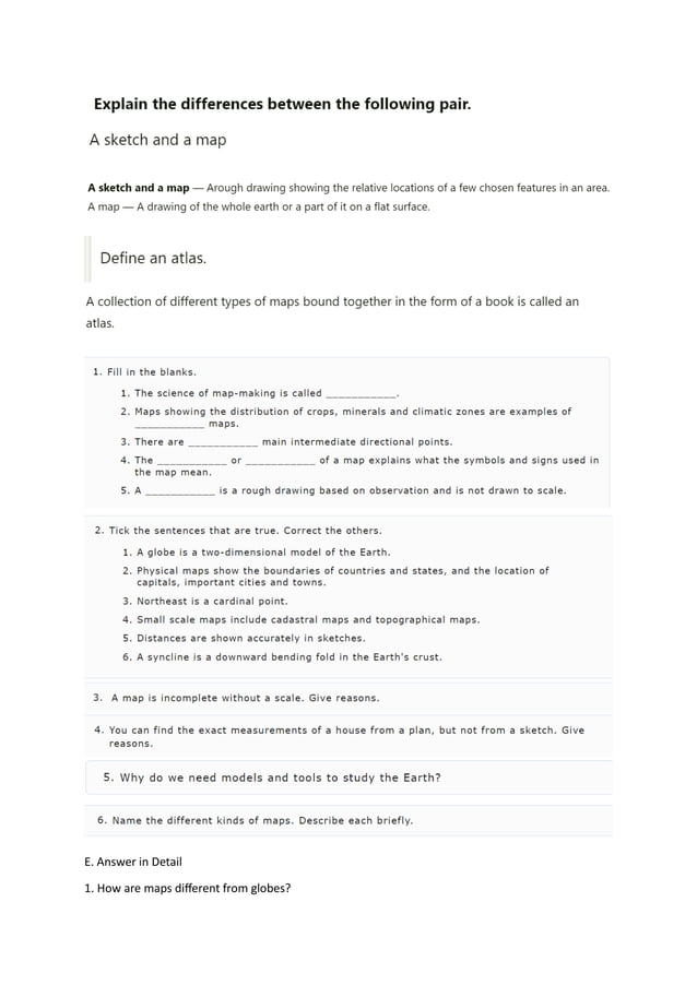 Mapping of Earth, its features, questions, answers, fill up the blanks ...