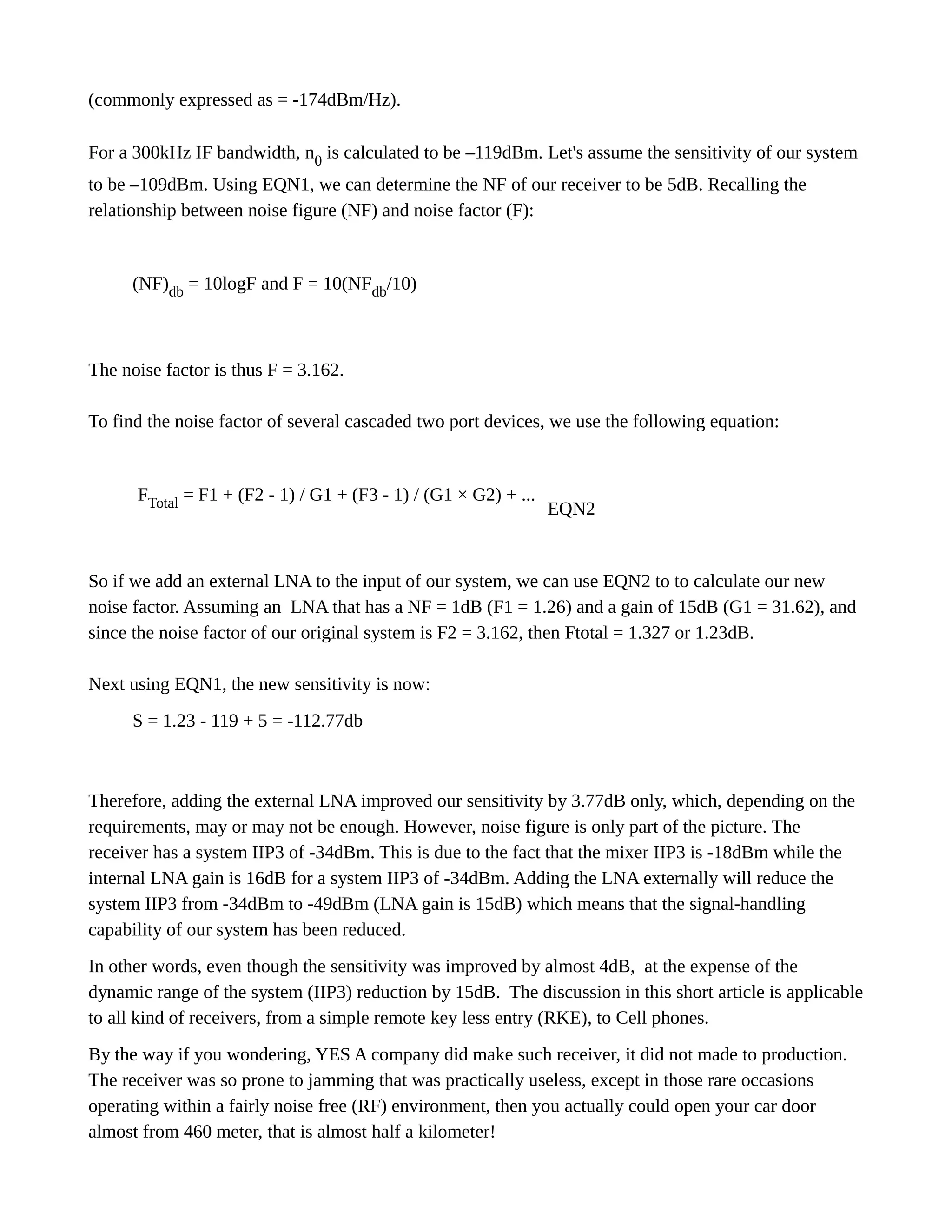 LNA Sensitivity for Receivers | PDF