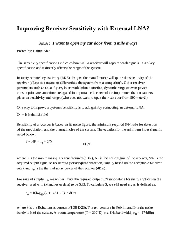 LNA Sensitivity for Receivers | PDF