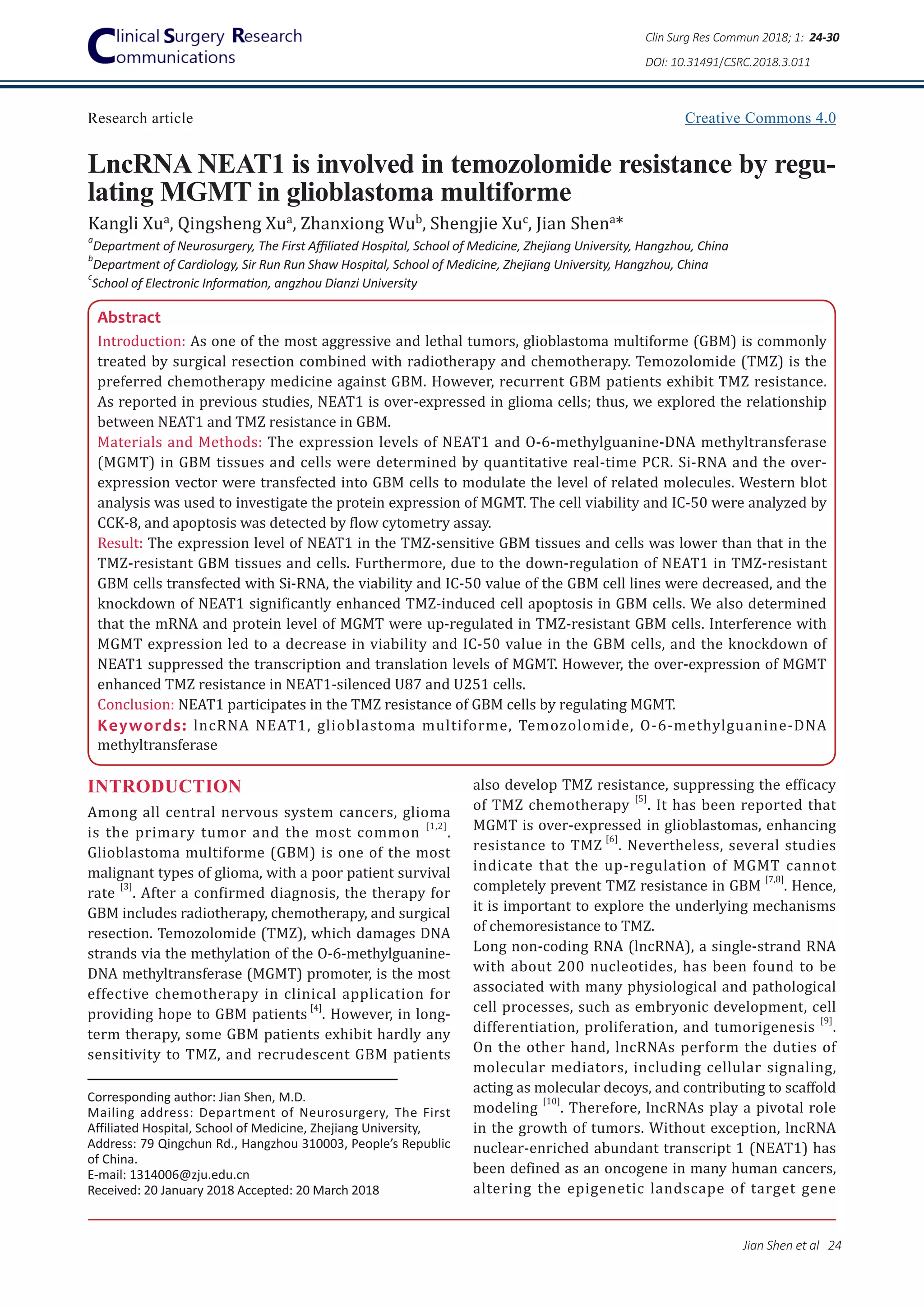 Lnc rna neat1 is involved in temozolomide resistance by regulating mgmt ...