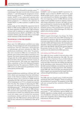 Lnc rna neat1 is involved in temozolomide resistance by regulating mgmt in glioblastoma ...
