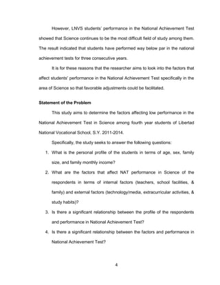 FACTORS AFFECTING PERFORMANCE IN SCIENCE OF FOURTH YEAR STUDENTS IN THE ...