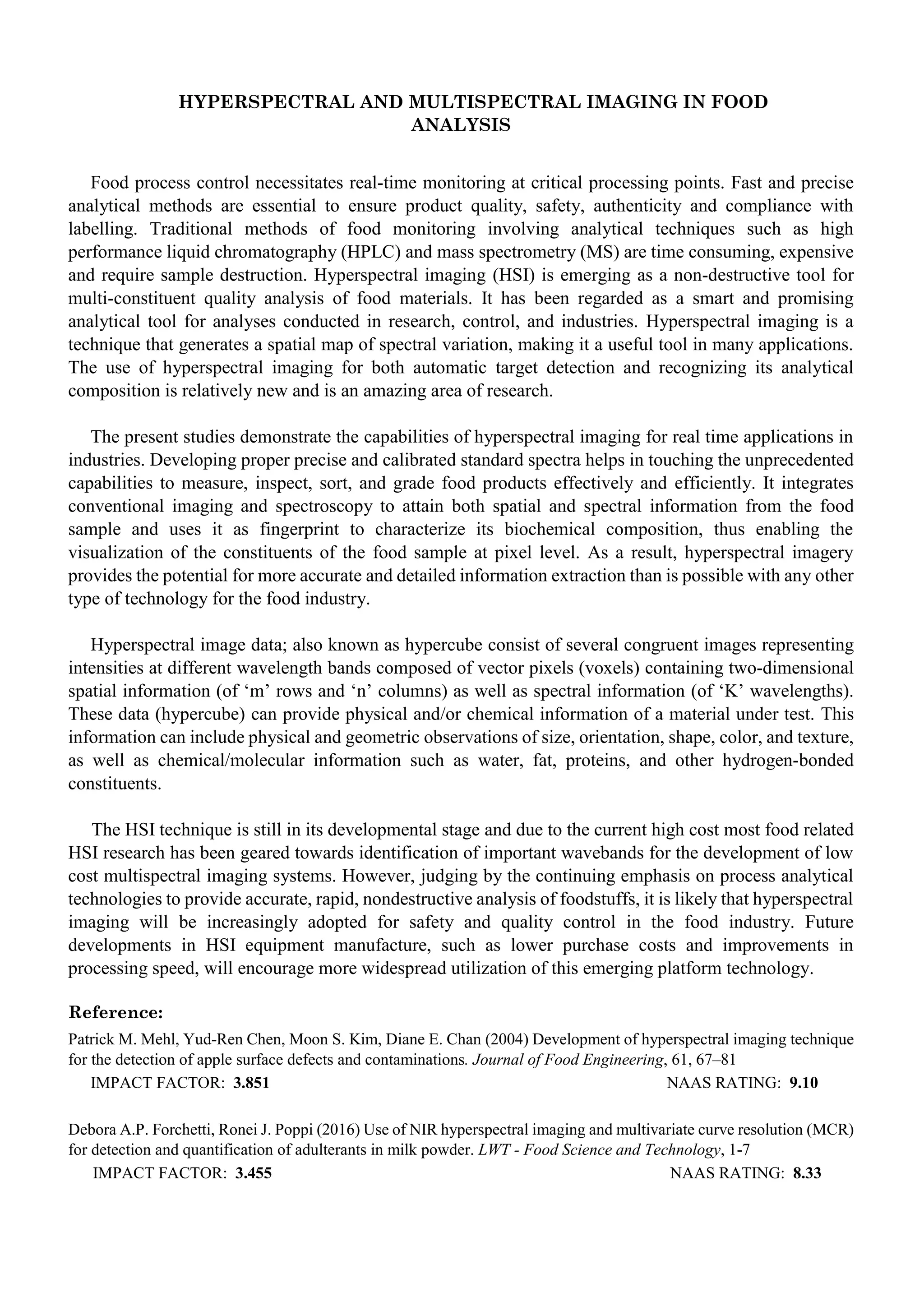 HYPERSPECTRAL AND MULTISPECTRAL IMAGING IN FOOD ANALYSIS | PDF