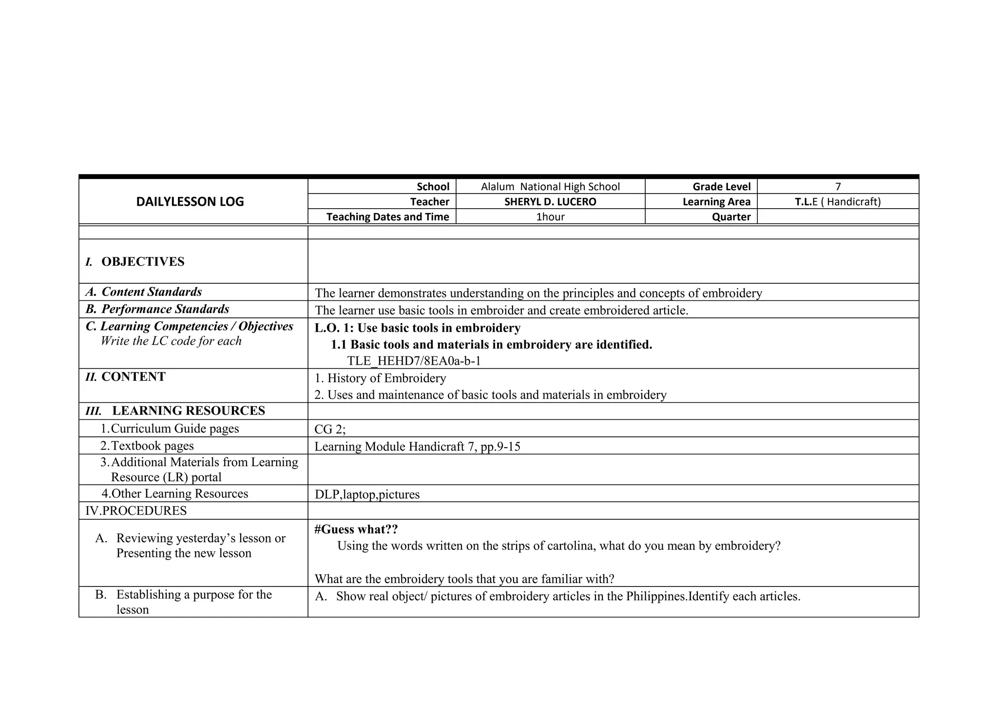 LO1 Tools in embroidery.doc for tle 7 exploratory courses | DOC