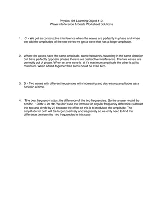 Wave Interference & Beats Worksheet | PDF