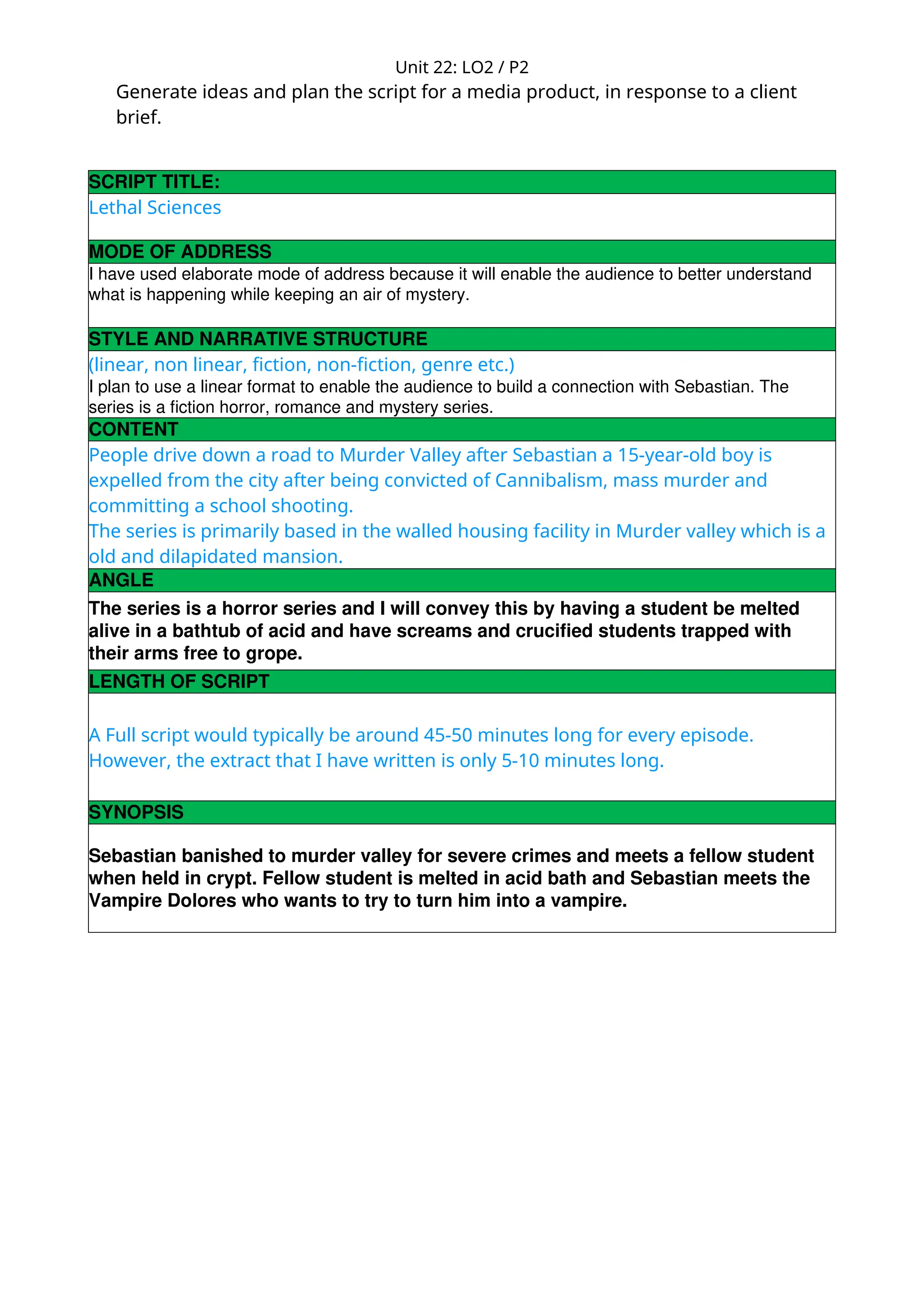 LO2 P2 WORKSHEET planning stage of script | DOCX