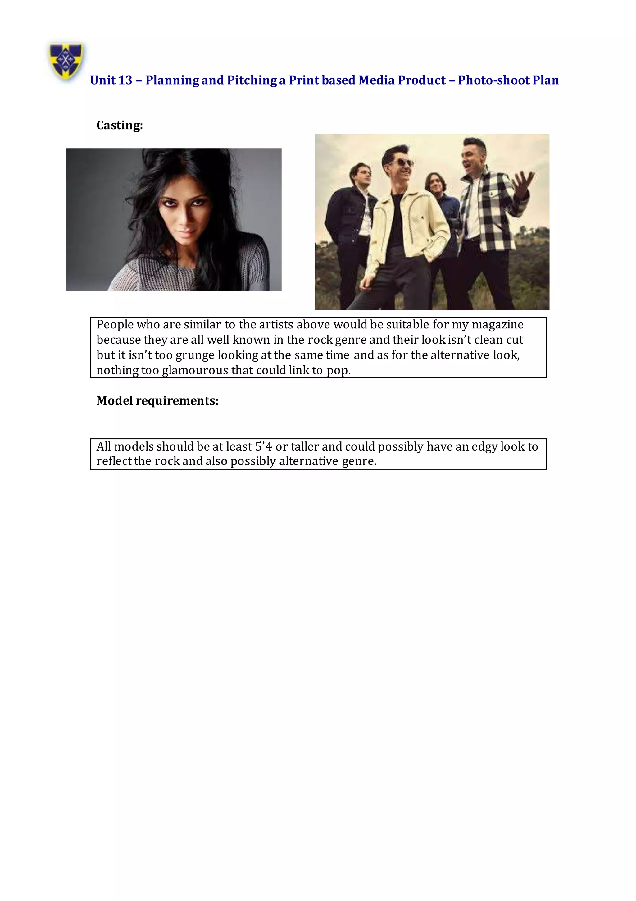 Lo3 Photo shoot plan1 | DOCX | Album-oriented Rock | Rock Music