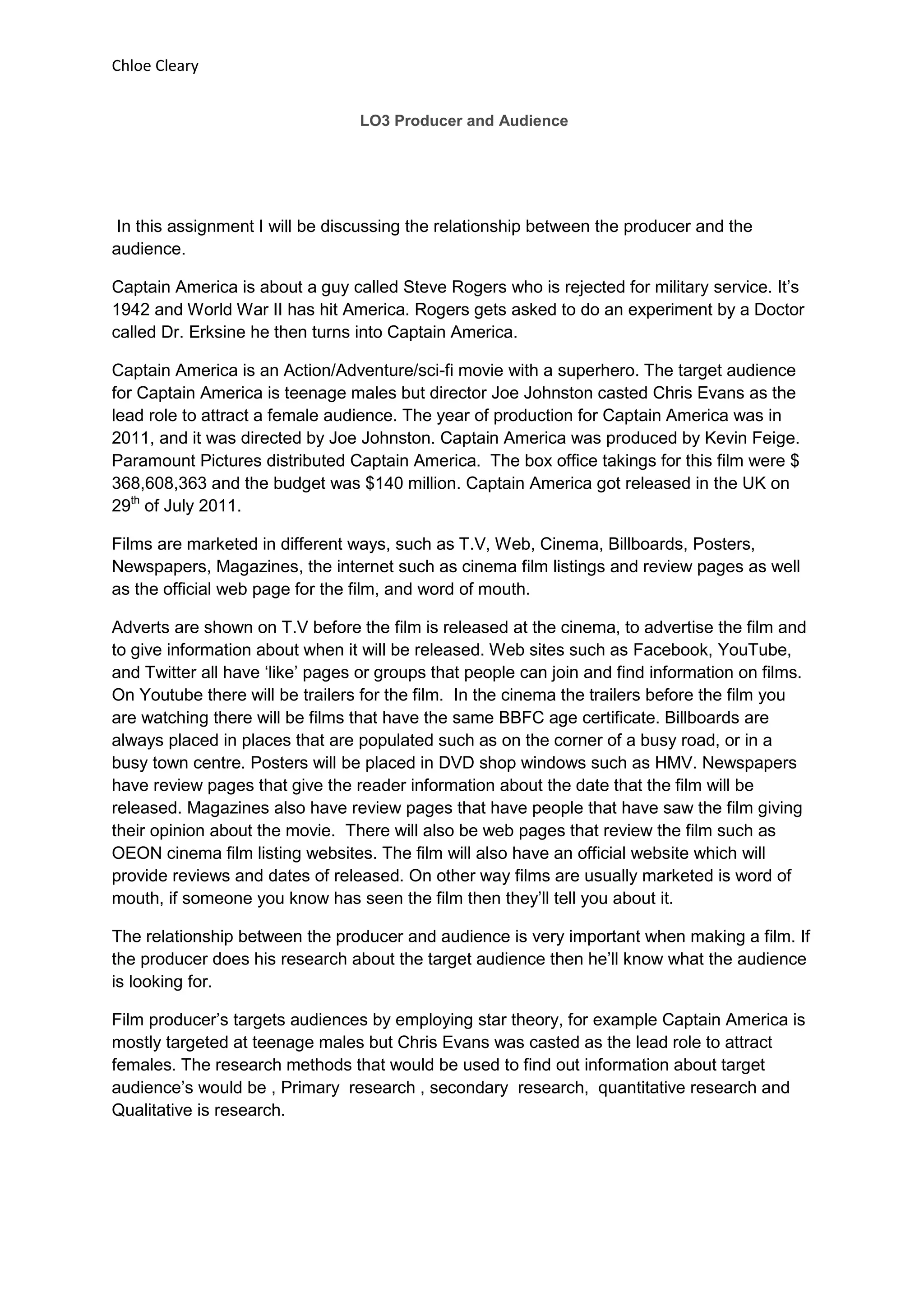 Lo3 producer and_audience_chloe_cleary[1] | DOCX | Movies | Entertainment