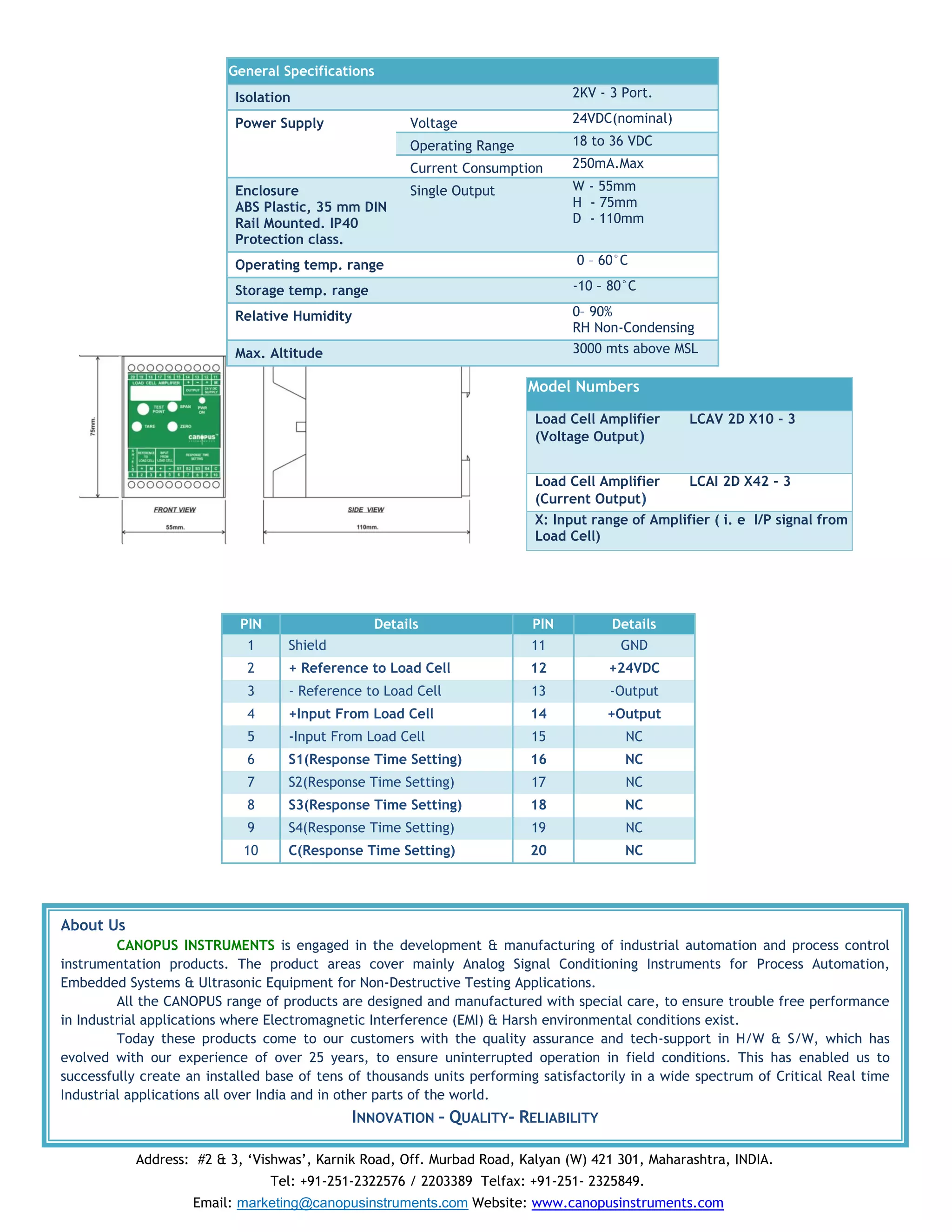 Manufacturers of Load Cell Amplifiers in India - Canopus Instruments | PDF