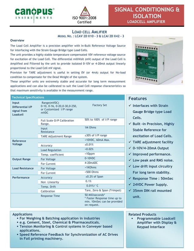 Manufacturers of Load Cell Amplifiers in India - Canopus Instruments | PDF