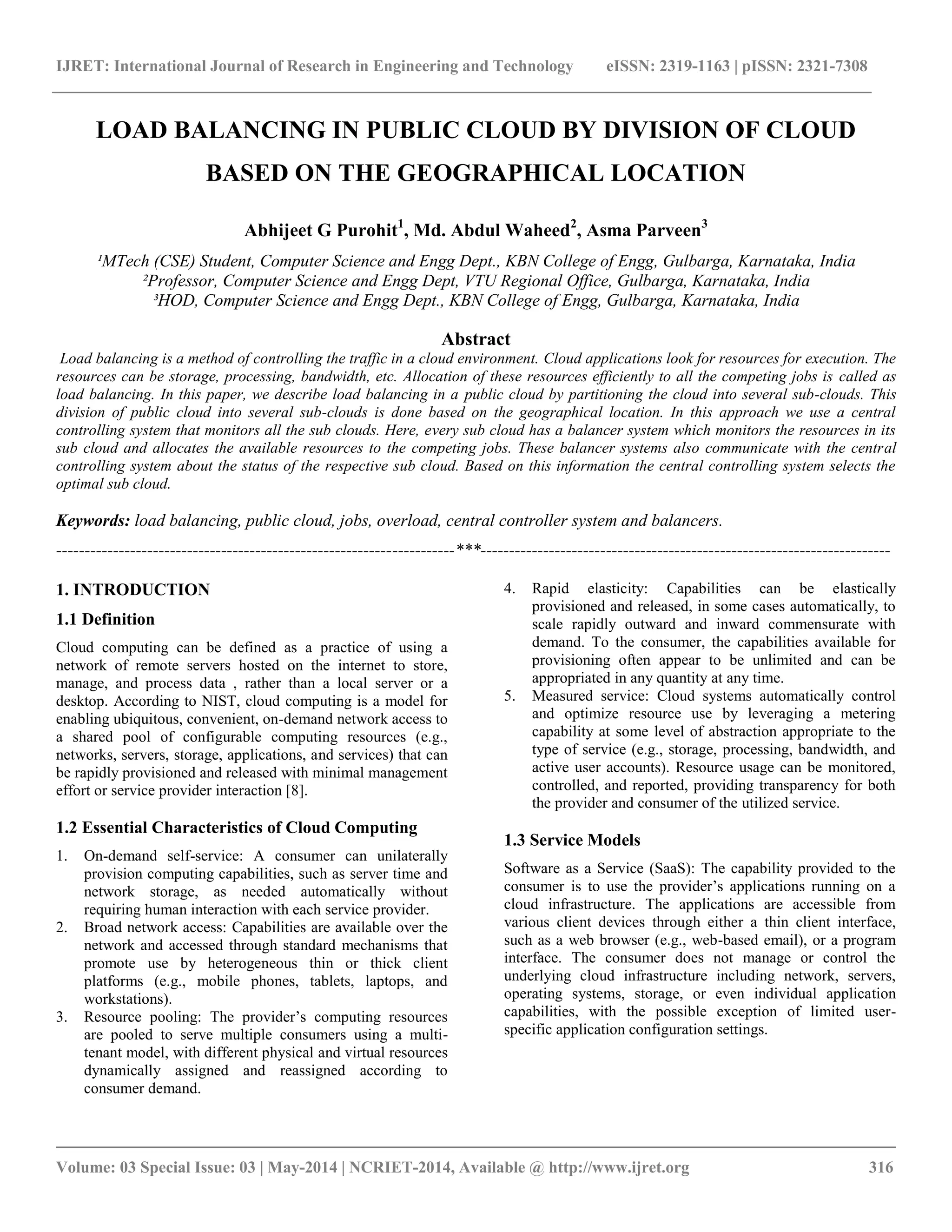 Load balancing in public cloud by division of cloud based on the ...