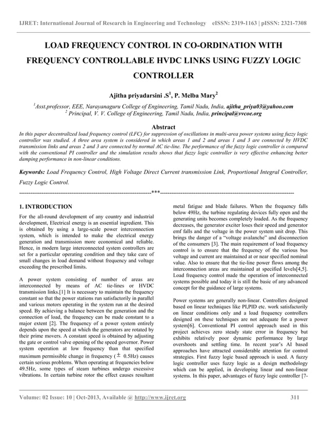 Load frequency control in co ordination with frequency controllable hvdc links using fuzzy logic ...
