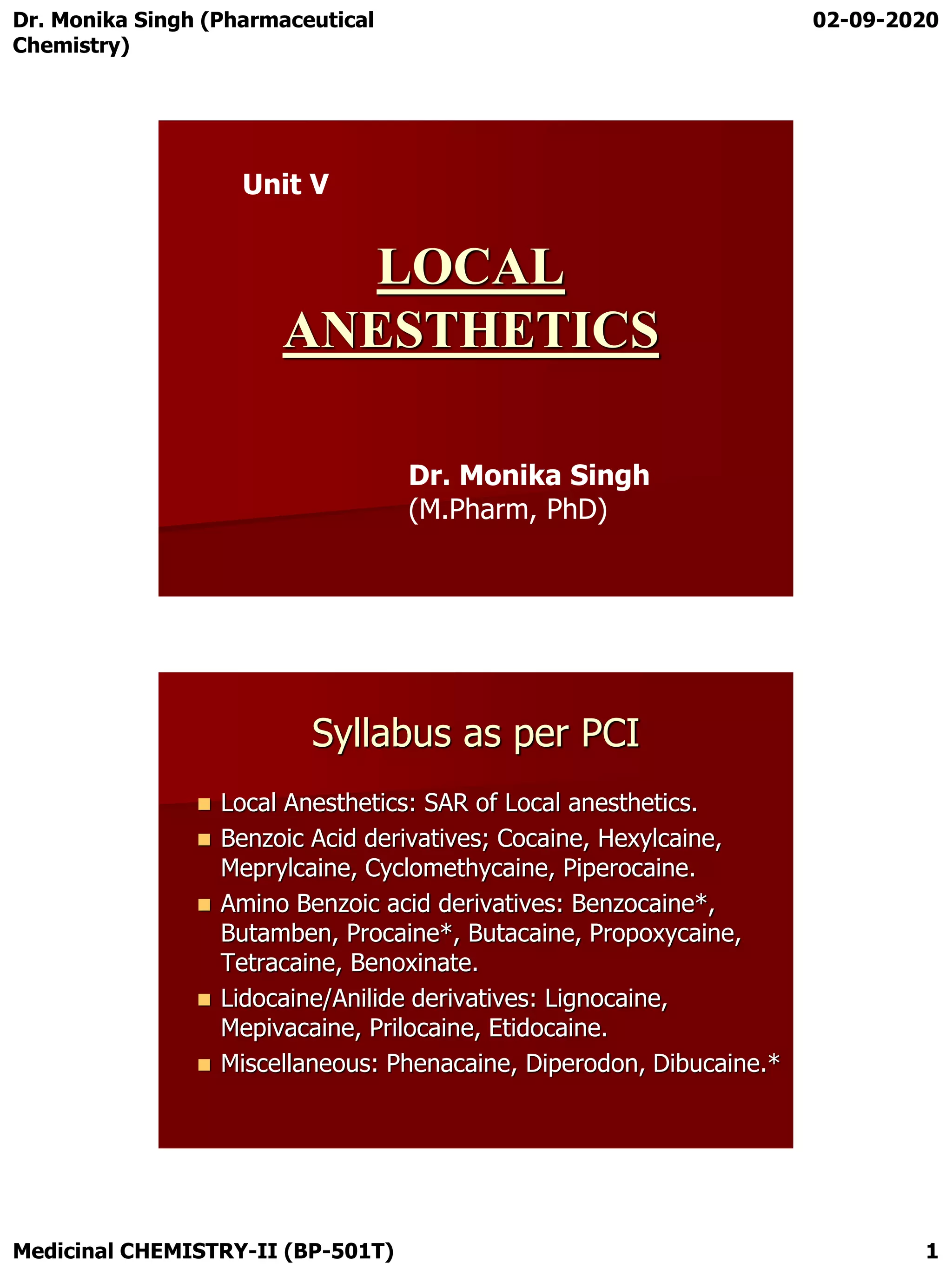 Local Anesthetics part1 by Dr. MONIKA SINGH as per PCI syllabus | PDF