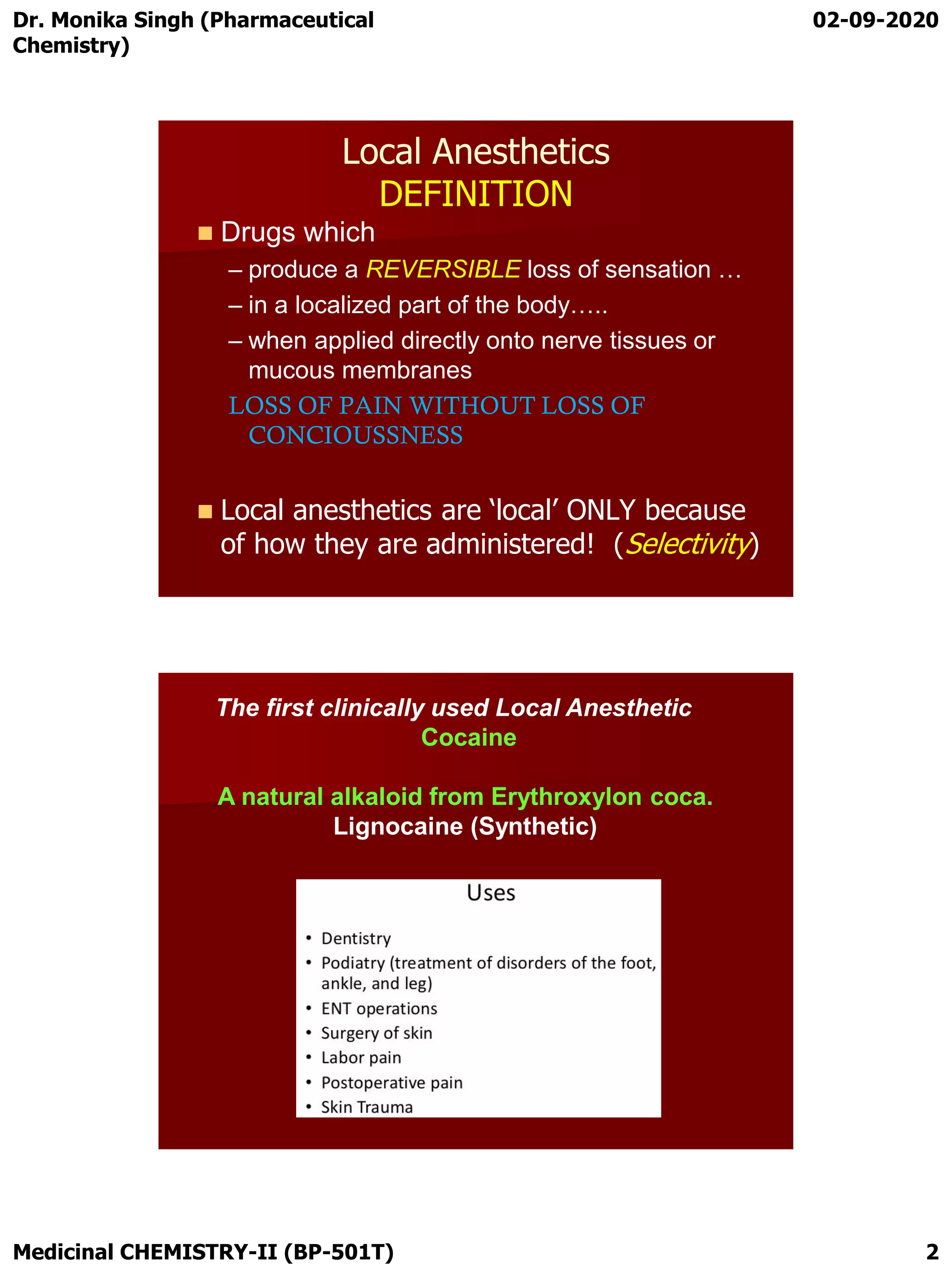 Local Anesthetics part1 by Dr. MONIKA SINGH as per PCI syllabus | PDF