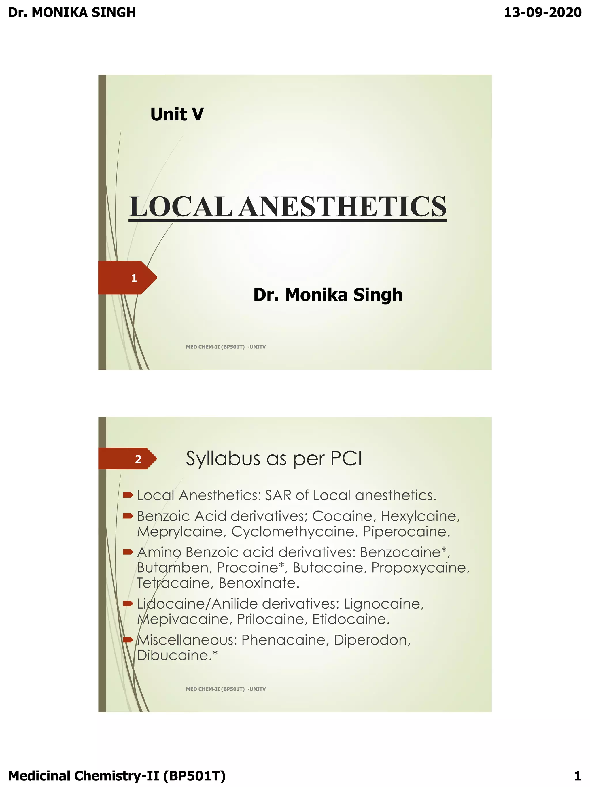 Local Anesthetics SAR part 2 by Dr. MONIKA SINGH as per PCI syllabus | PDF