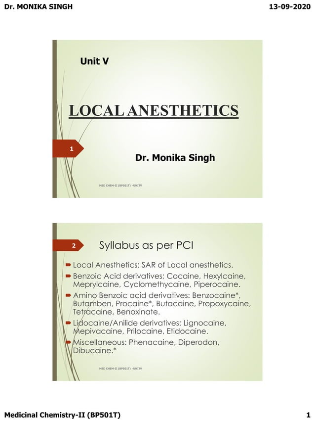 Local Anesthetics SAR part 2 by Dr. MONIKA SINGH as per PCI syllabus ...