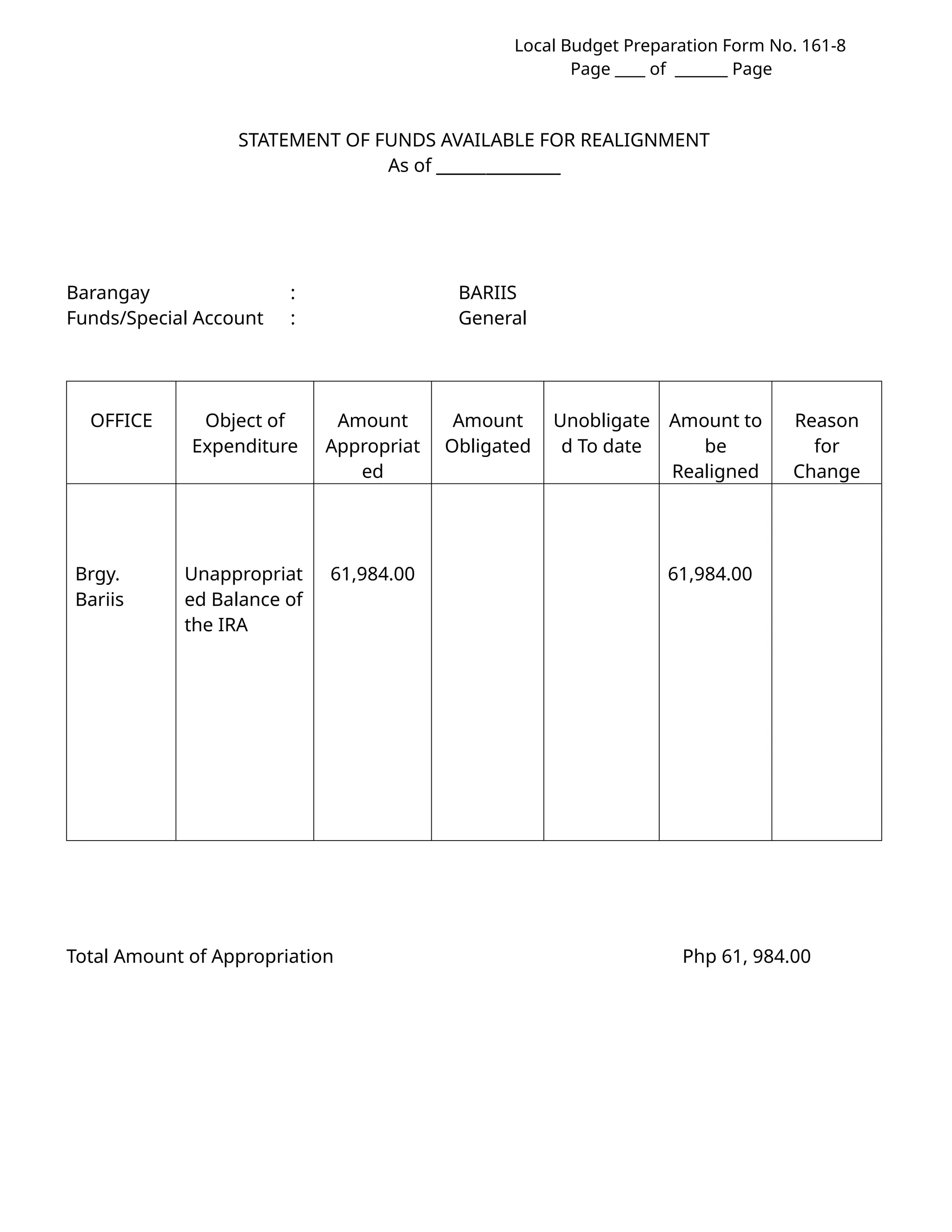 Local Budget Preparation Form for Barangay | DOCX