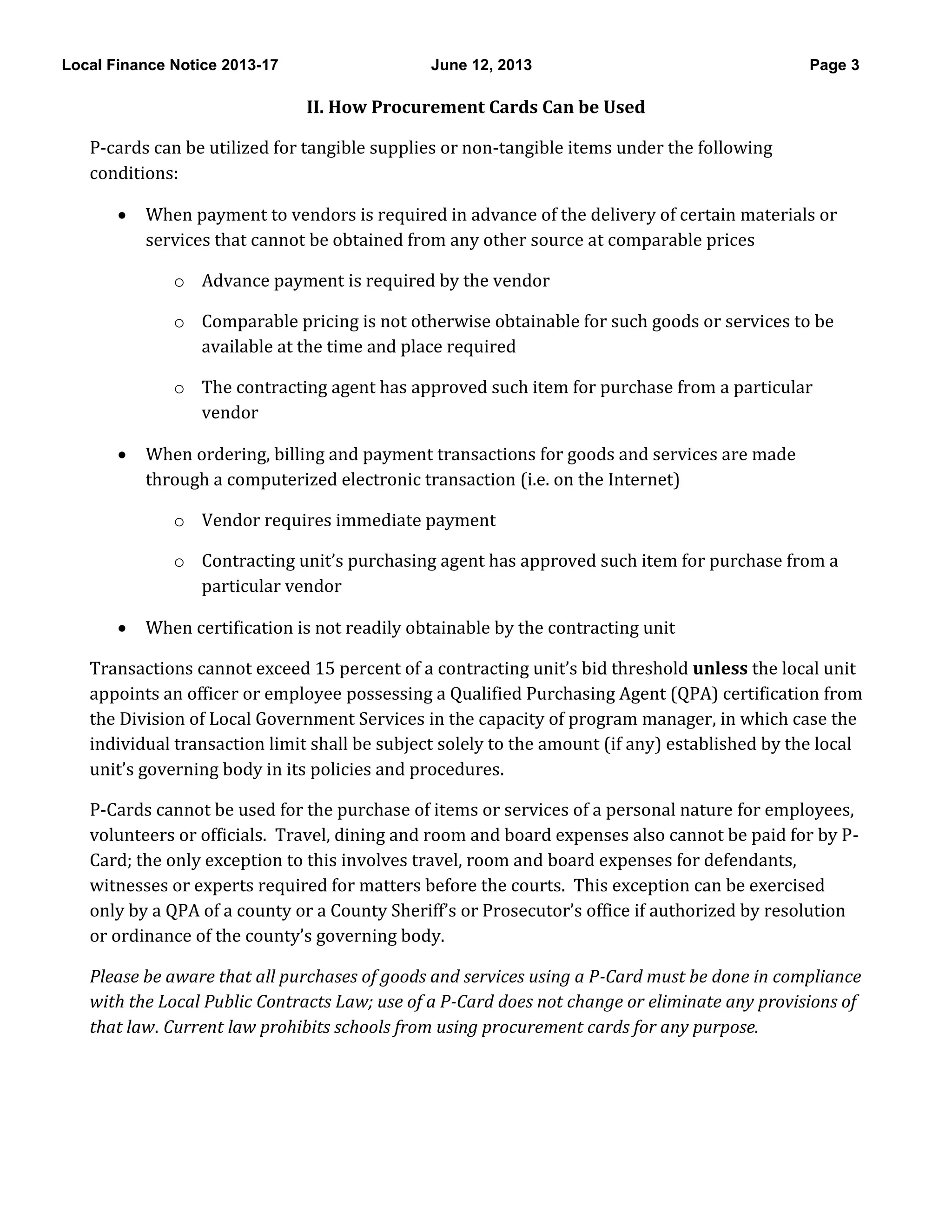 NJ Local Finance Board procurement card notice | PDF